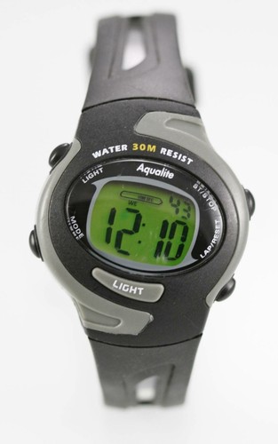 Aqualite Watch Mens Date Light Alarm 24hr Gray Black Rubber 30m ...