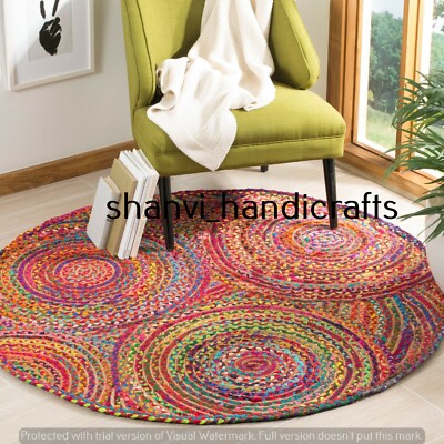 Round Rag Rug Floor Rug Handmade Jute Chindi Cotton 8 Feet Hand Braided ...