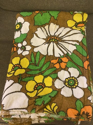 Vtg Mid Century Terry Cloth Tablecloth Brown Orange Flowers Mod Floral ...