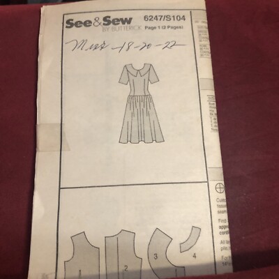 Butterick See & Sew 6247 Misses Pattern Uncut Size 18-20-22 Dress No ...