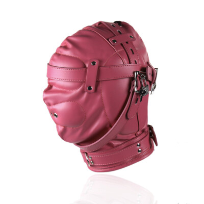 Red Lockable Soft Leather Bondage Hood Sensory Deprivation Mask Hood ...