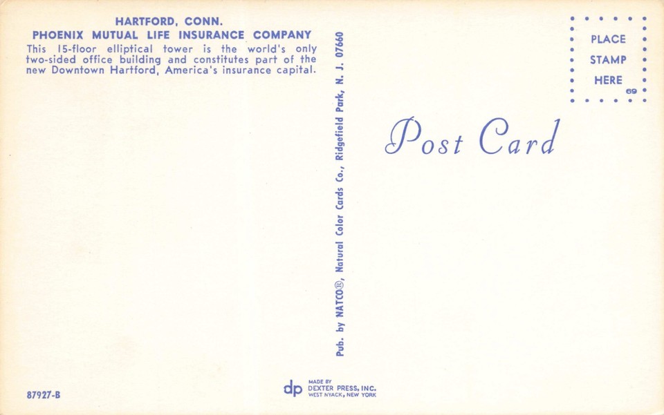 Postcard CT Hartford Phoenix Mutual Life Insurance Company Elliptical ...