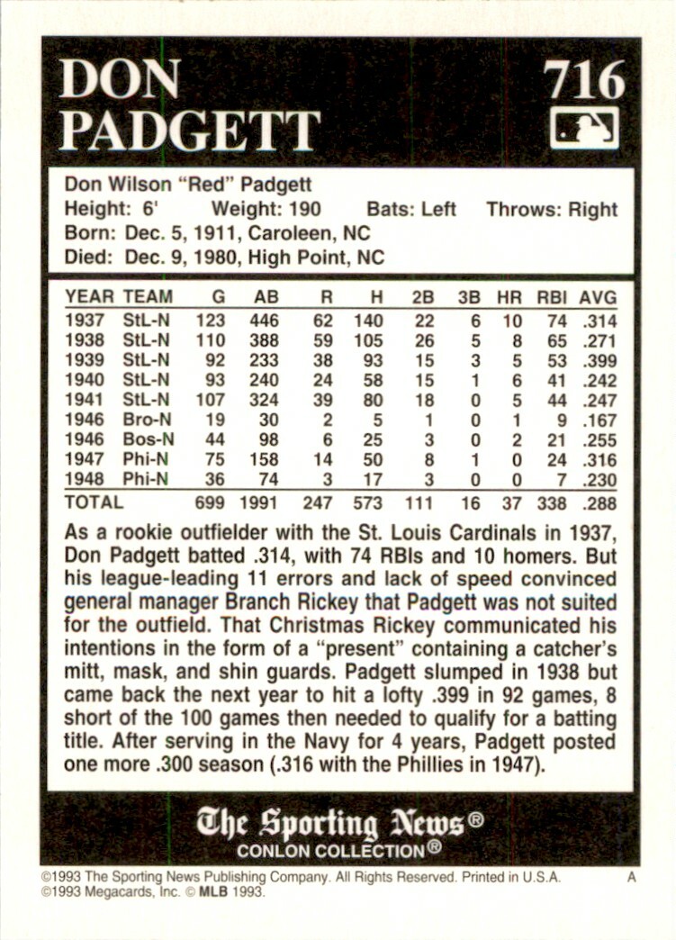 1993 CONLON COLLECTION TSN - #716 DON PADGETT ST. LOUIS CARDINALS | eBay