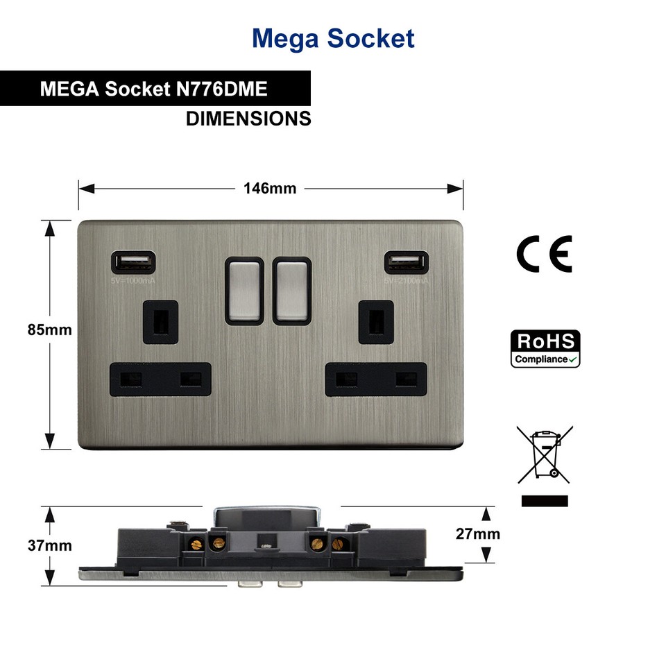 Double Wall Plug Socket 2 Gang 13A with 2 USB Ports Screwless Slim Flat ...