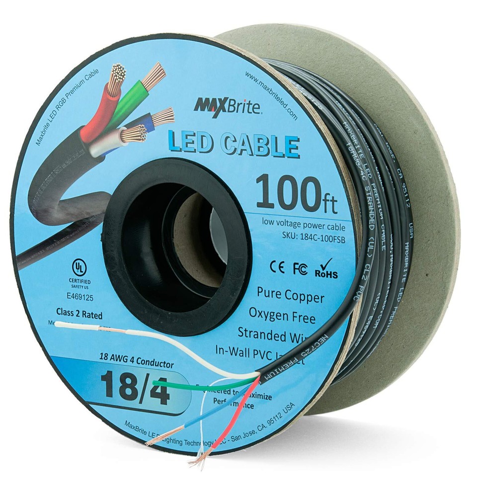 100 ft. 18AWG Low Voltage LED Cable 4 Conductor Black Sleeve In-Wall ...