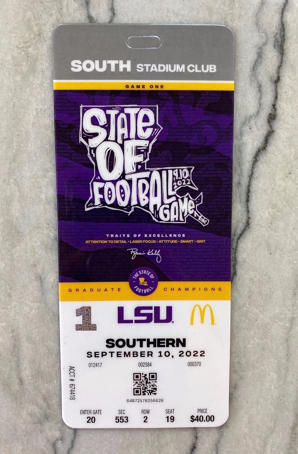 LSU vs. Southern University 2022 Hard Plastic Ticket Stub Keepsake MINT ...