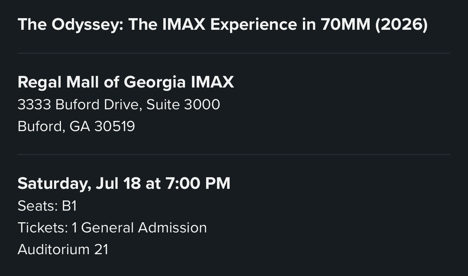 The Odyssey 70mm Ticket Imax Atlanta | eBay