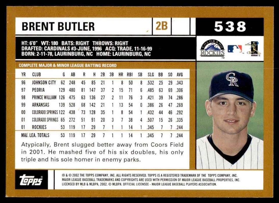 2002 Topps Brent Butler Colorado Rockies #538 | eBay
