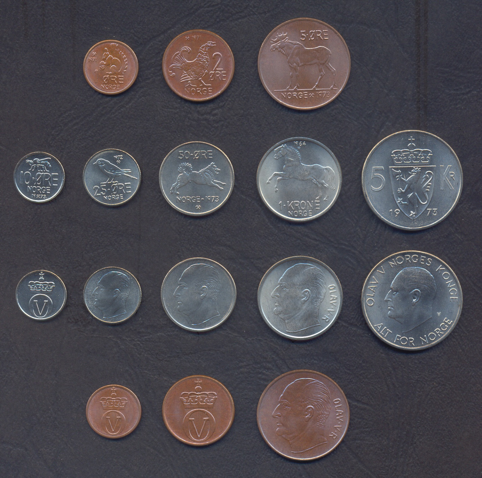 NORWAY FULL COIN SET 1+2+5+10+25+50 Ore +1+5 Kroner 1964-1973 UNC LOT ...