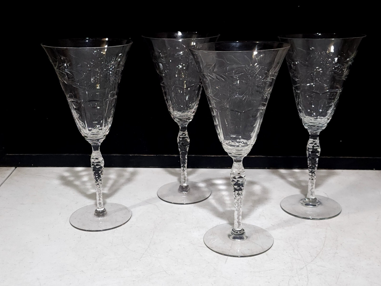 SET OF 4 - Early Seneca Crystal 190-22 Wheel Cut Etched 8 1/4" WATER ...