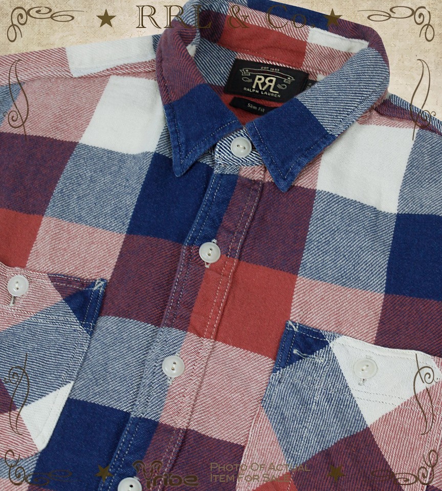 RRL Ralph Lauren Men's Red White Indigo Plaid Check Shirt Cotton Twill ...