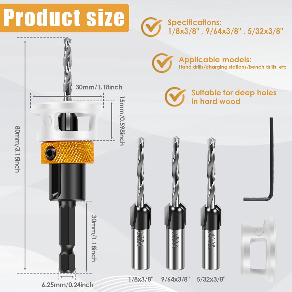 Countersink Drill Bit Set Adjustable Depth Stop Quick Change ...