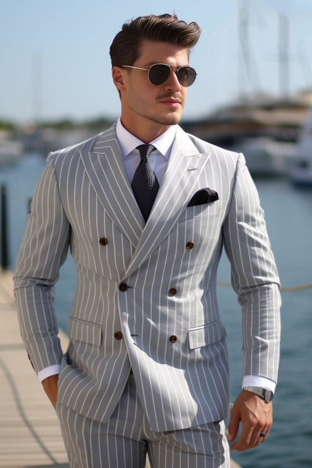 Gray Mens Suits Striped Double Breasted Peak Lapel Wedding Groom