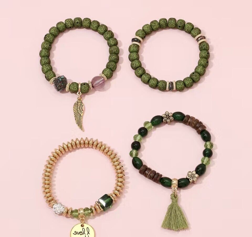 Green Tassel & Wing Charm Beaded Bracelet 4psc Set 6mm | eBay