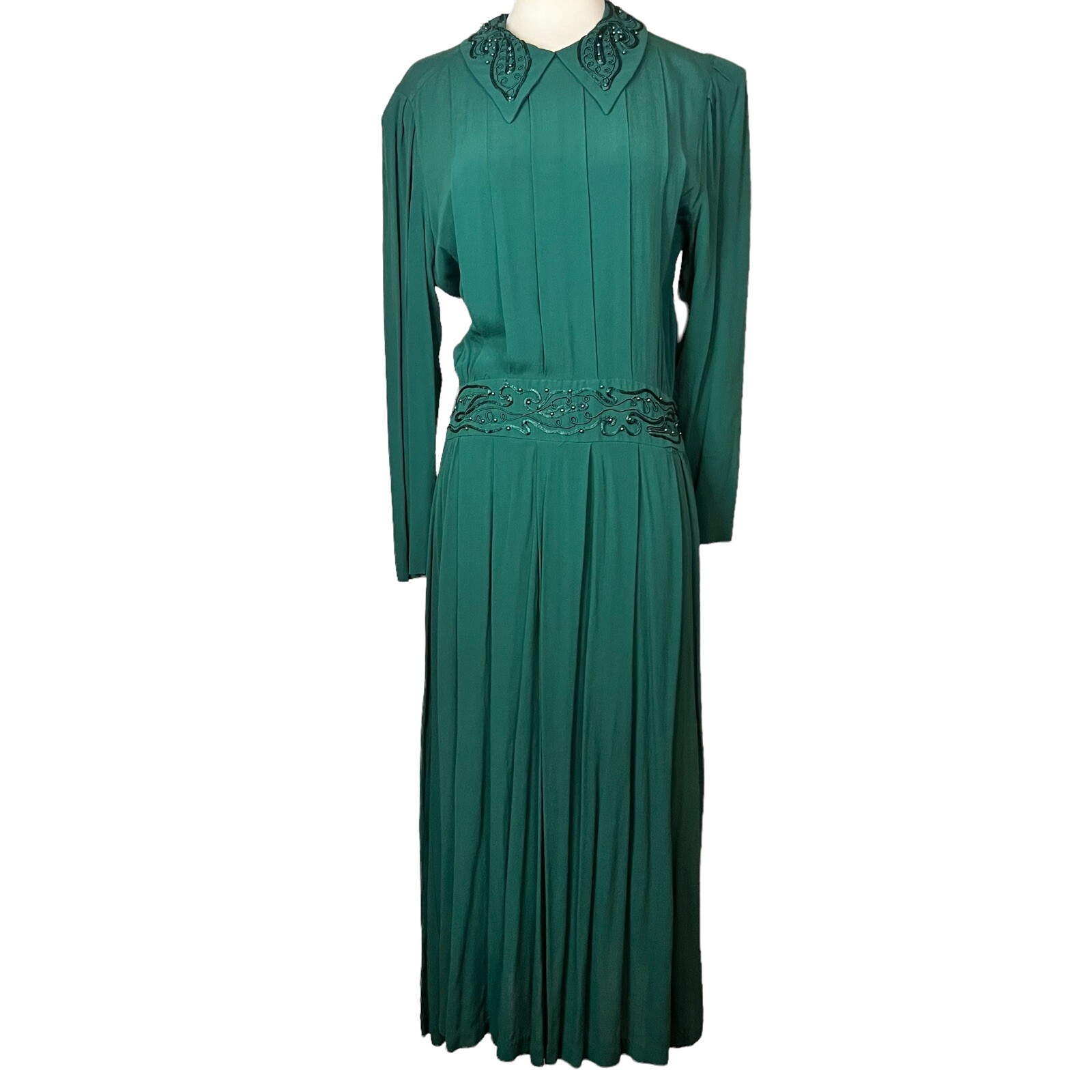 VTG 80s Karin Stevens Green Beaded Collar Dress | eBay