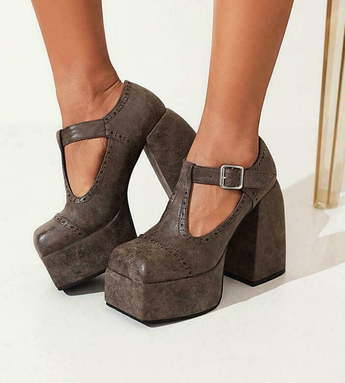 Women Retro Brogue T-Shaped Buckle Block Heels Classic Square Toe ...