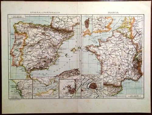 Carta geografica antica SPAGNA Spain PORTOGALLO FRANCIA France 1900 Old ...