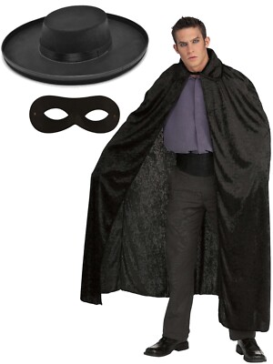 Zorro Spanish Superhero Bandit Highwayman Fancy Dress Hat, Mask, Velvet ...