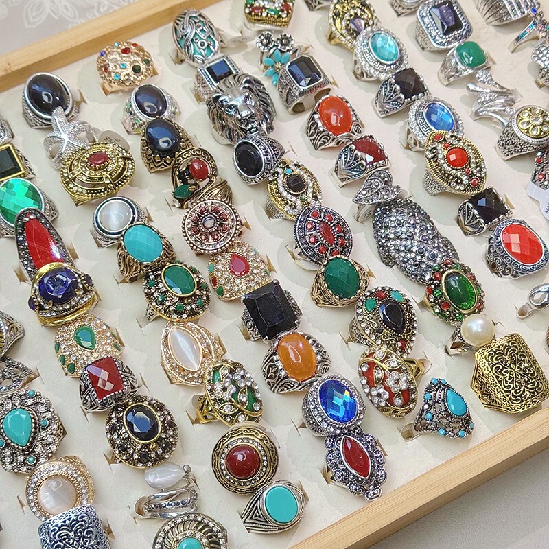 50pcs Lot Wholesale Vintage Crystal Stone Mix Style Metal Jewelry Ring ...
