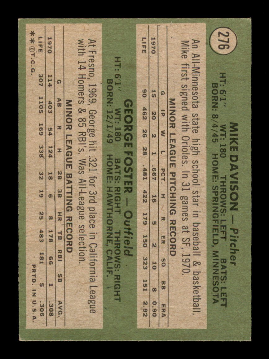 1971 Topps Baseball #276 Rookie Stars Giants EX/MT George Foster ...