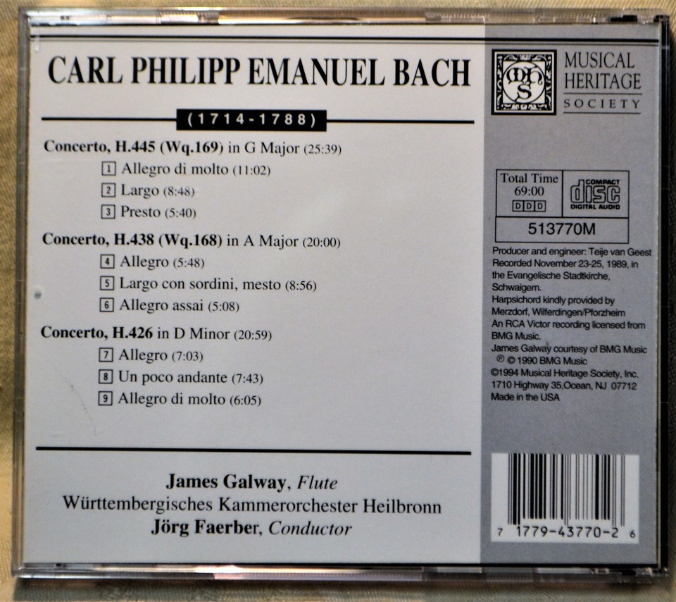 CD Bach James Galway Performs C.P.E. CPE 3 Concertos Jorg Faerber 445 ...
