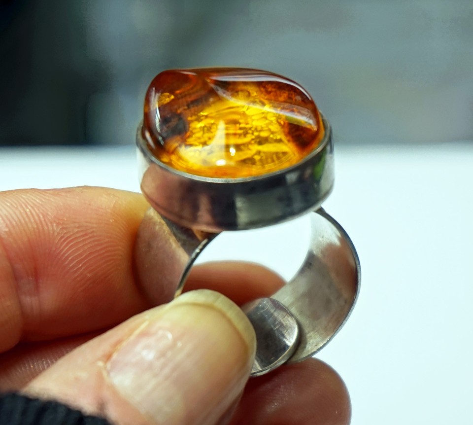 BOLD AMBER SILVER RING UNISEX ADJUSTABLE BALTIC AMBER RING UNIQUE GIFT ...
