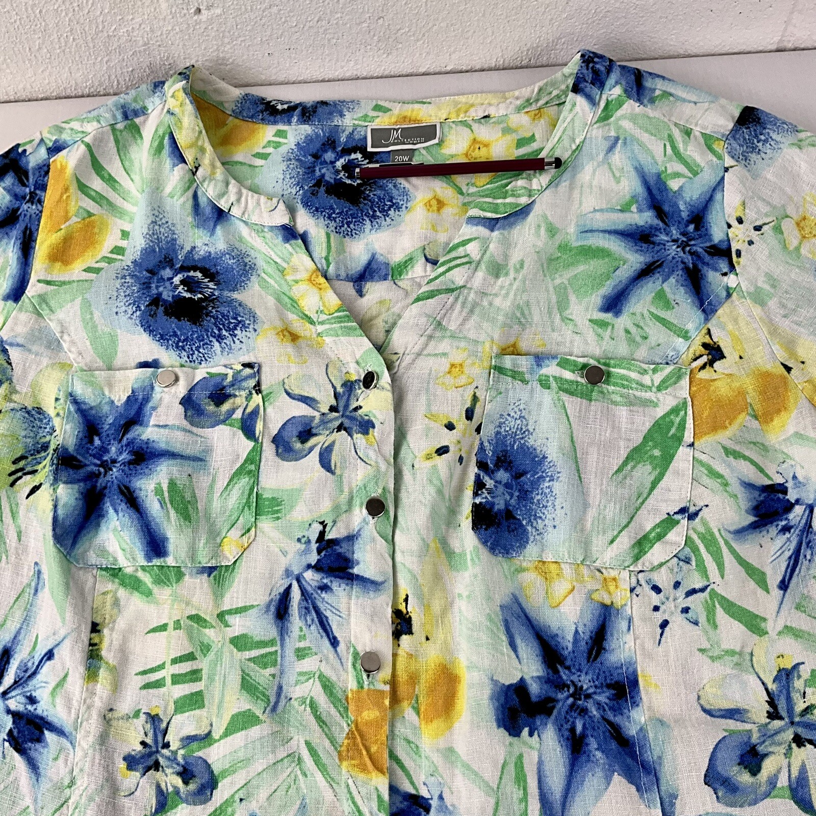 JM Collection Women’s Top 3/4 Sleeves 100% Linen Floral Colorful Blouse ...