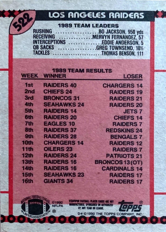 TOPPS #522 BO-KNOWS-YARDAGE Bo Jackson RAIDERS AUBURN HEISMAN | eBay