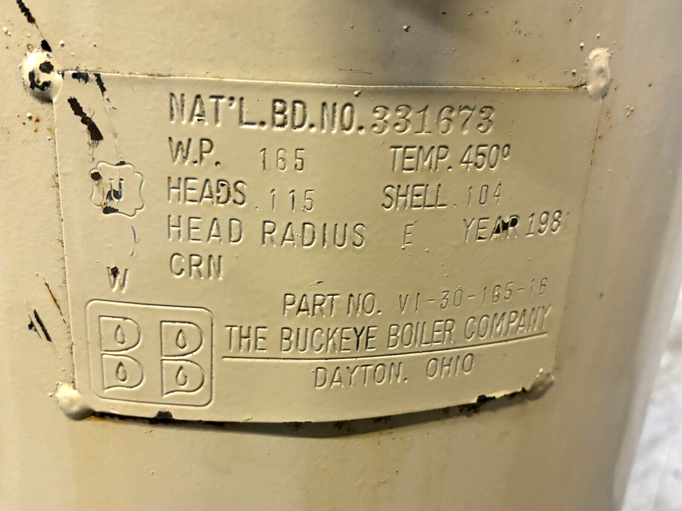 BUCKEYE BOILER CO. VERTICAL AIR COMPRESSOR TANK V1-30-165-16 NAT'L BD ...