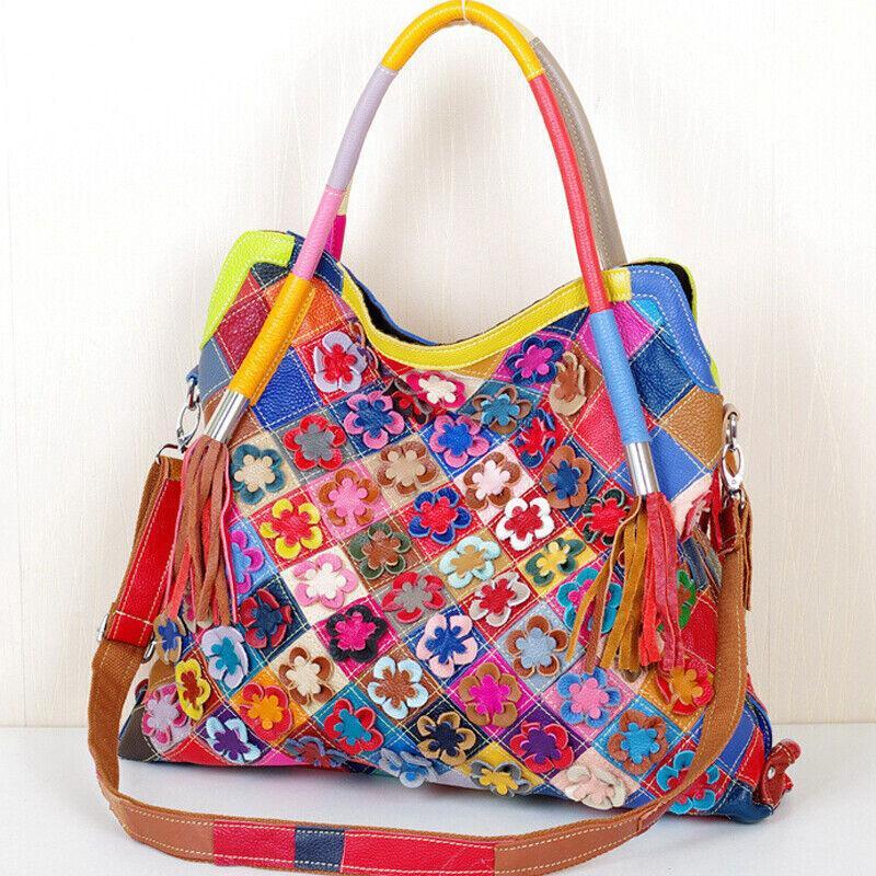 100% Genuine Leather Colorful Floral Patchwork Handbag Women's Tote Shoulder Bag | eBay