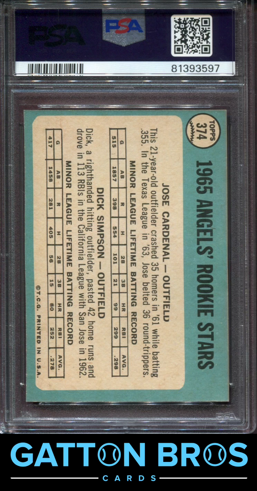 1965 Topps Angels Rookies J.Cardenal/D.Simpson #374 PSA 8 NM-MT | eBay