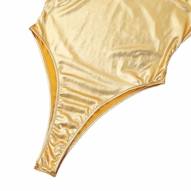 Womens Shiny Metallic One Piece Bodysuit High Cut Thong Leotard Rompers ...