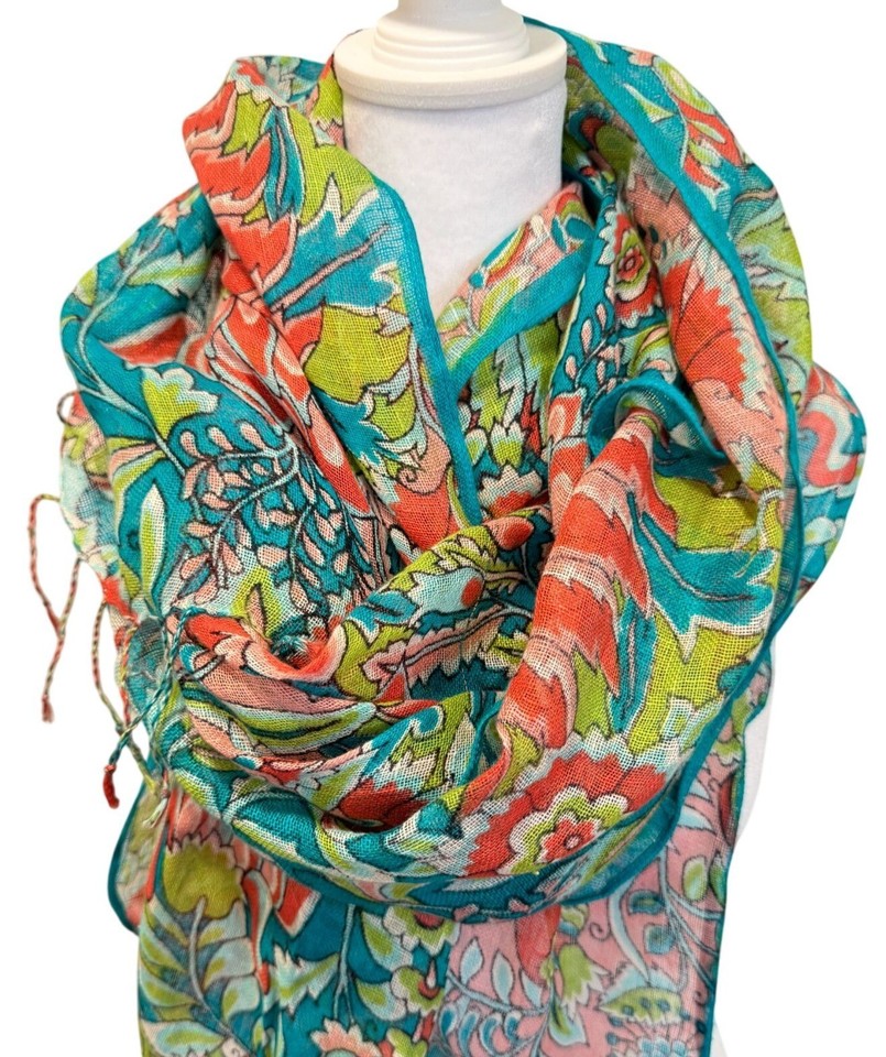 Talbots 100% Linen Scarf Colorful Floral Print Pastel Colors Fringe ...