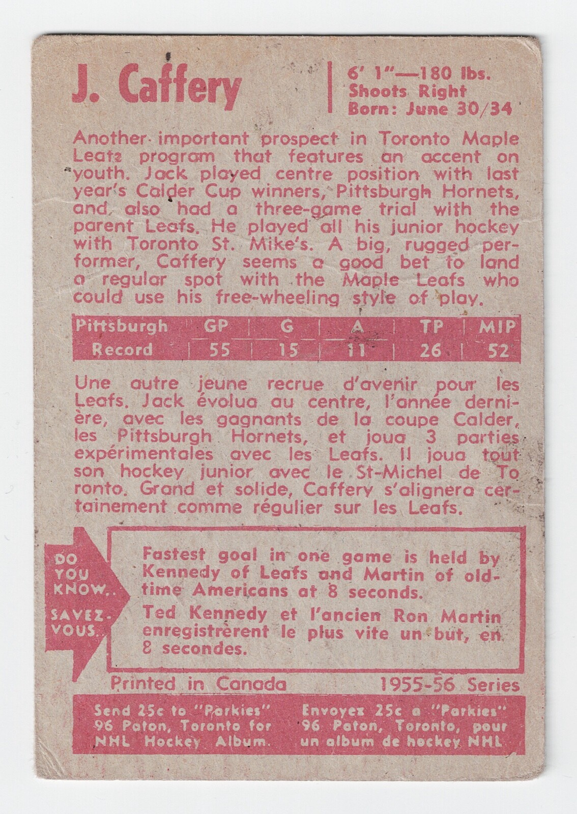 1955 Parkhurst #19 Jack Caffery | eBay