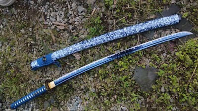 Handmade Blue Blade Japanese Katana Samurai Sword 1095 steel Full Tang ...