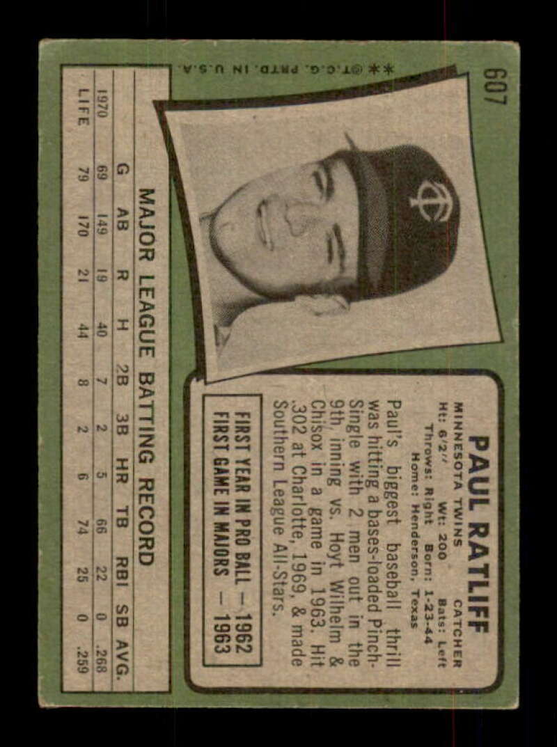 1971 Topps #607 Paul Ratliff GVG Twins 531371 | eBay