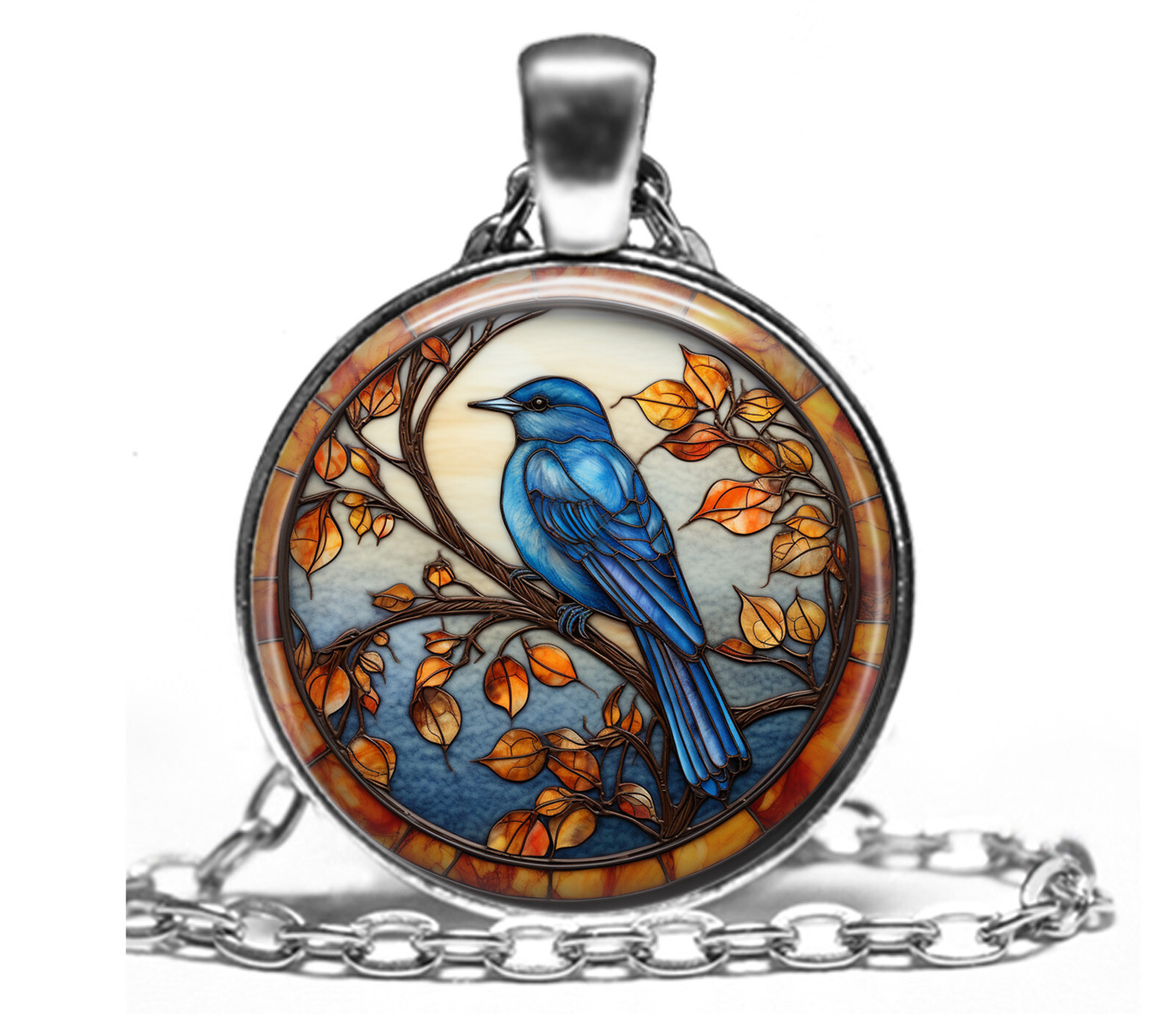 Bluebird Pendant Necklace 24" Chain Glass Top Bluebird Bird Lover Gift ...