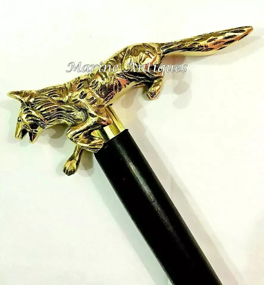 Antique Cane Brass Wolf Handle Black Wooden Walking S… - Gem