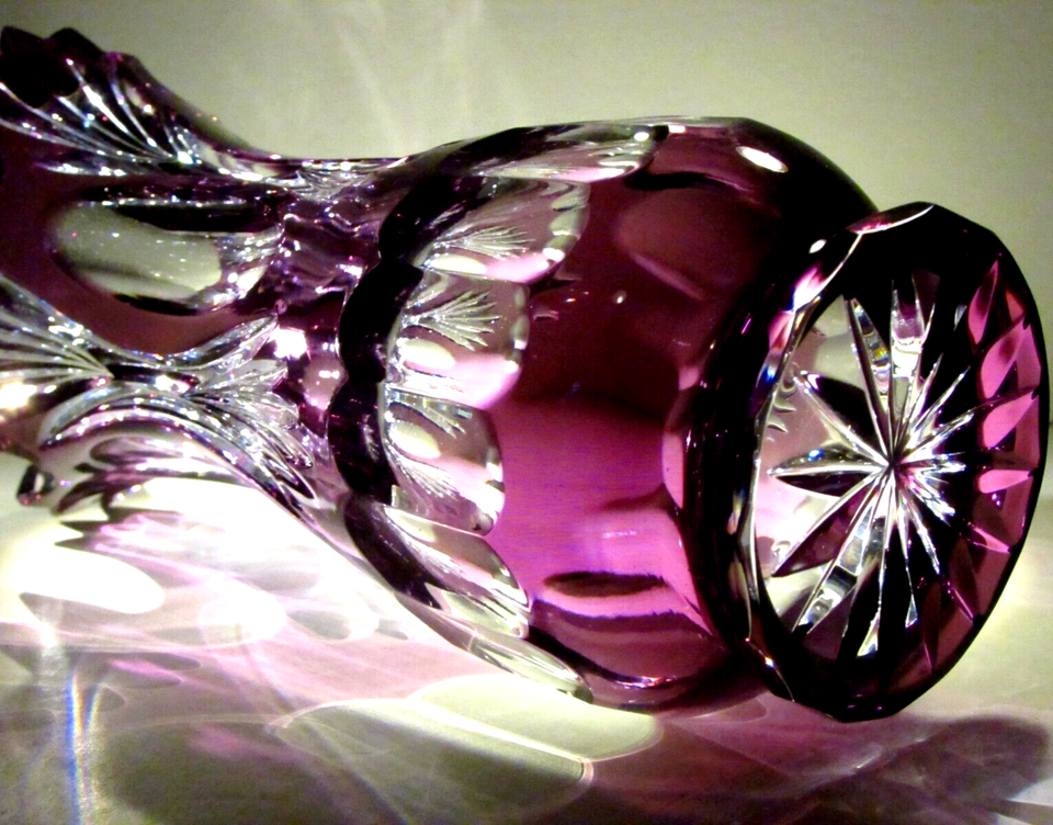 CAESAR CRYSTAL Purple Vase Hand Cut to Clear Overlay Czech Bohemian ...