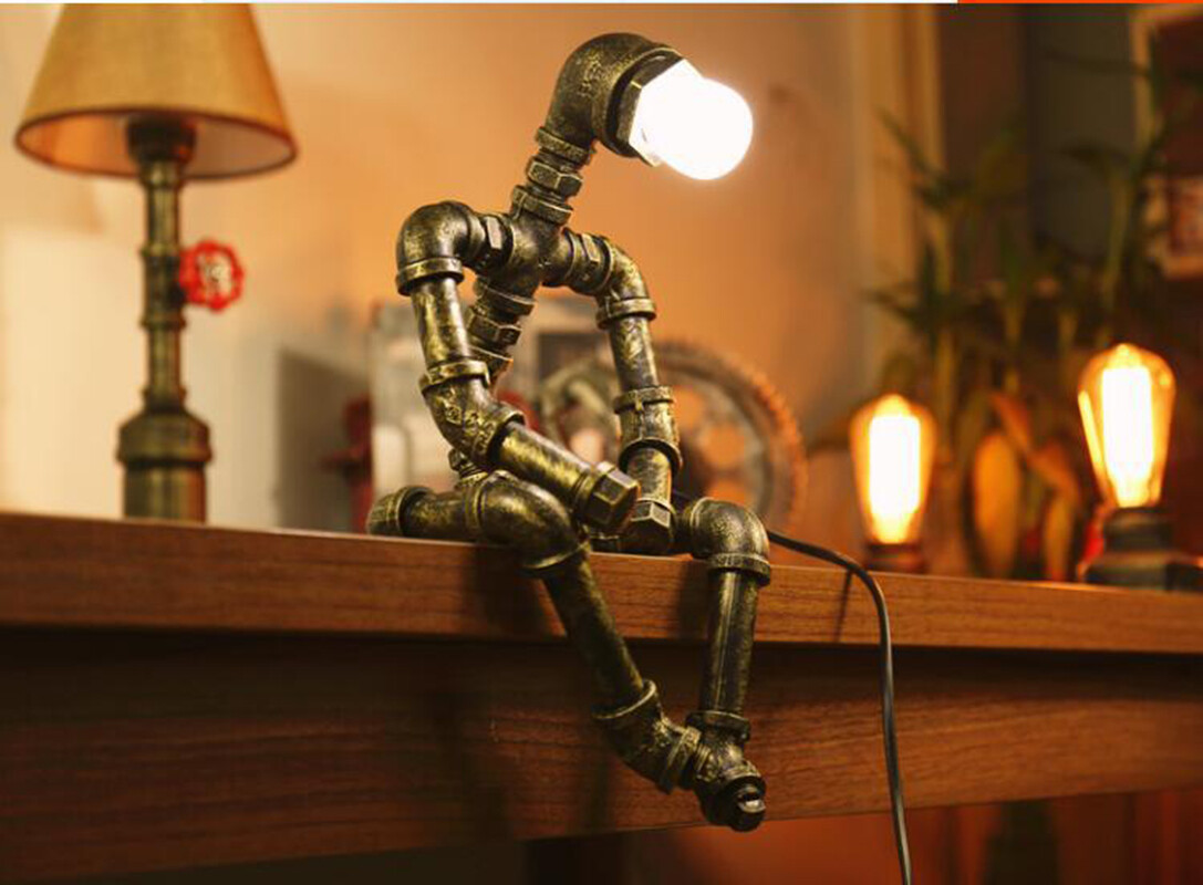 Antique 1 Head Study Wrought Iron Pipe Brass Finished Desk Table Lamps ...