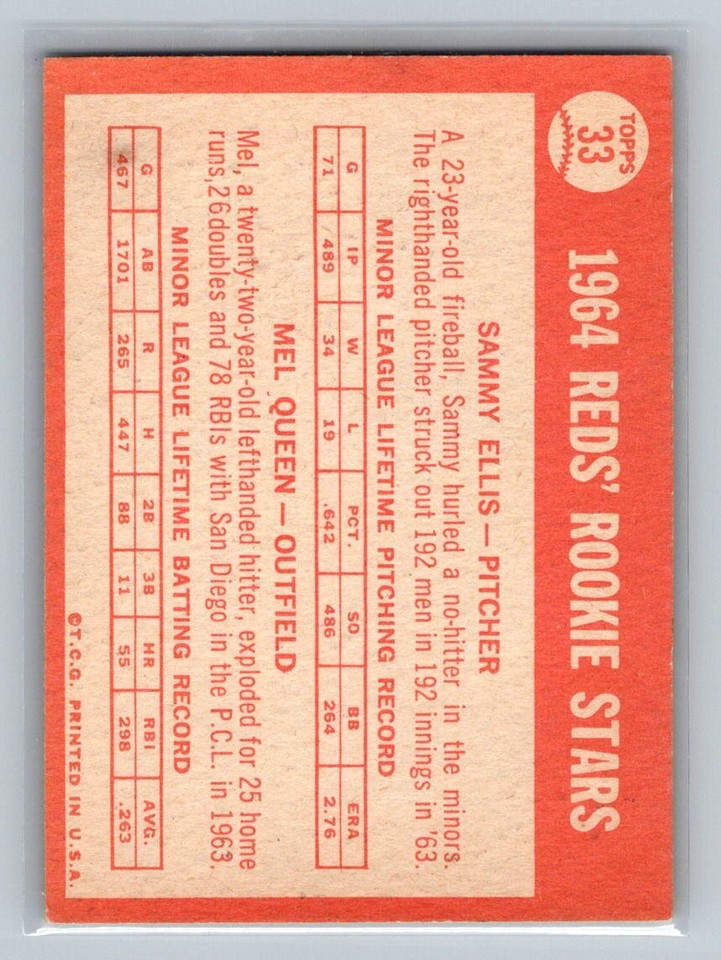 1964 Reds Rookie Stars - Sammy Ellis / Mel Queen RS, RC Topps #33 64 ...