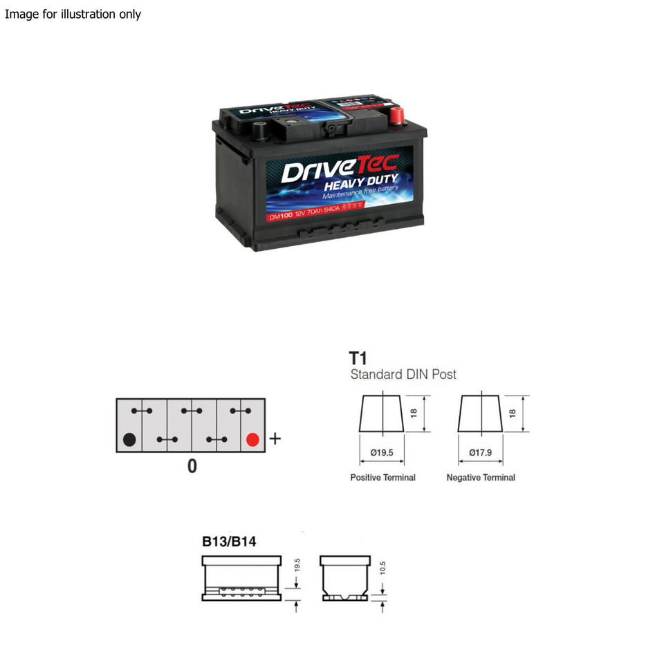 DriveTec Car Battery DM100 12V 70Ah 640A B13 B14 3 Years Warranty T1 ...