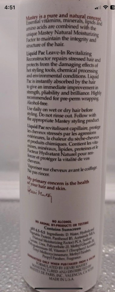 Mastey Paris Liquid Pac Revitalizing Reconstructor for Stressed Hair ...