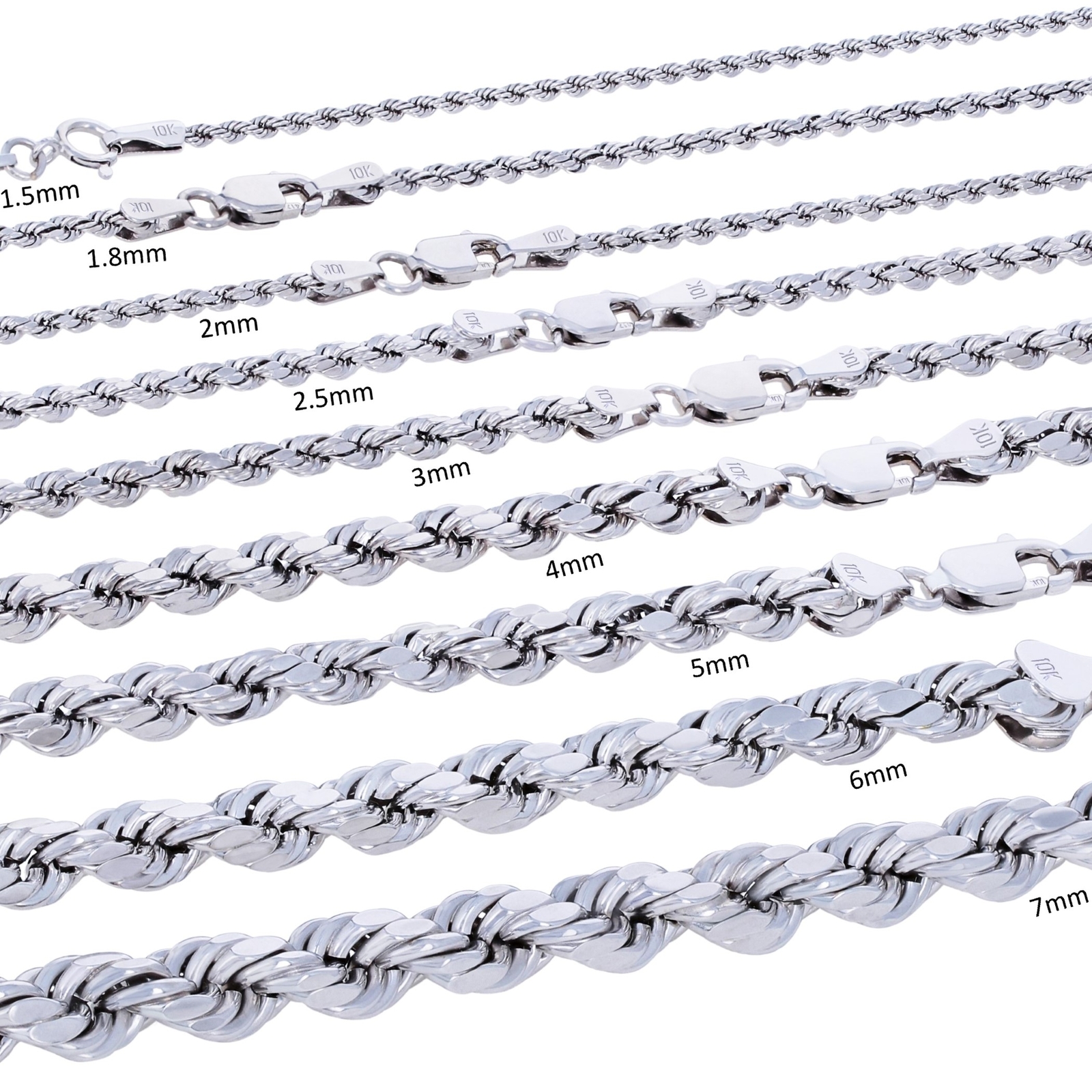 10K White Gold 1.5mm-7mm Diamond Cut Rope Chain Necklace or Bracelet 7 ...