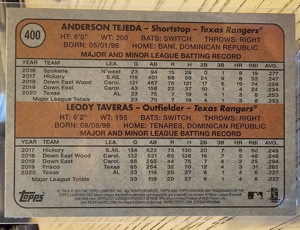 2021 Topps Heritage Leody Taveras/Anderson Tejada RC #400 Texas Rangers ...