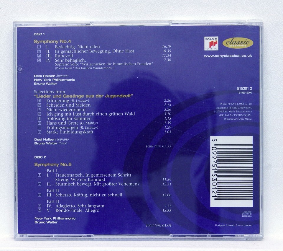 DESI HALBAN, BRUNO WALTER - MAHLER Symphonies nos.4 & 5 - SONY CD NM | eBay