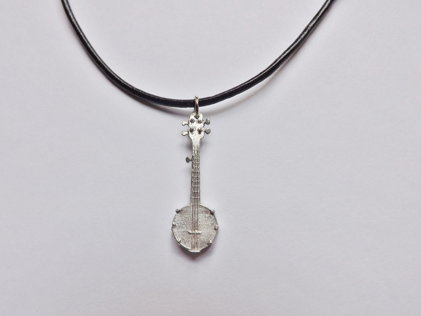 Banjo Charm Necklace silver pendant black leather cord 18