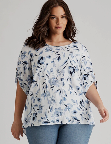 Autograph Top Plus Size 22 Button Back 3/4 Elbow Sleeve White Blue ...
