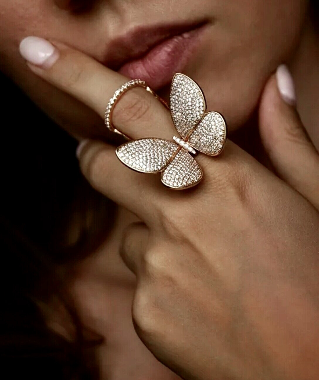 18k Gold Plated Big Butterfly Ring made w Swarovski Crystal Prong Stone ...