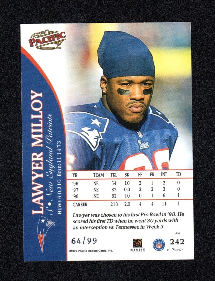 Lawyer Milloy #242 Patriots 1999 Pacific Copper #64/99 EX-MT Rare! | eBay